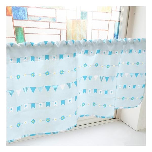 商品名：カフェカーテン ガーランド 青 (幅800×高さ450mm) No.41074サイズ：W800×H450mm素材：ポリエステル生地 (ポンジ)仕立て：上部棒袋、三方三巻縫製