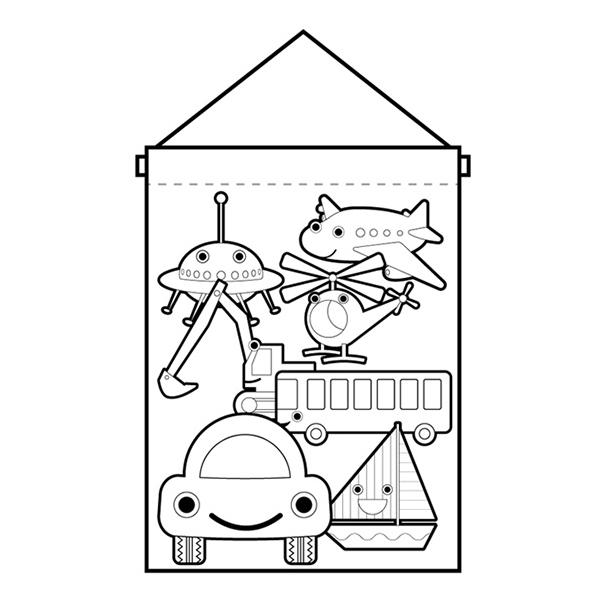 商品名：塗り絵タペストリー 乗り物 (W170×H230mm) No.42583サイズ：W170×H230mm素材：ポリエステル生地 (スエード)仕立て：上棒袋20mm、パイプ、紐付き