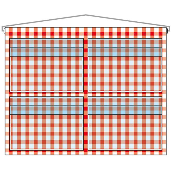商品名：ウォールポケット 2段2列 チェック (赤) No.43790サイズ：W720×H570mm素材：遮光スエード、塩化ビニール仕立て：上棒袋30mm、パイプ、紐付き(A4用紙が入る 2段2列ポケット付)
