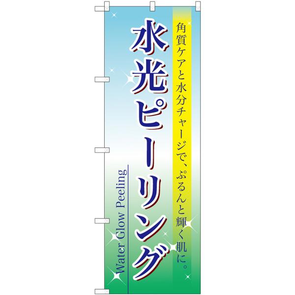 商品名：のぼり旗 水光ピーリング （水色緑） 角質ケアと水分チャージで、ぷるんと輝く肌に。 Water Glow Peeling No.59898サイズ：W600×H1800mm素材：ポリエステル生地 (ポンジ)仕立て：三方三巻縫製、左チチ...