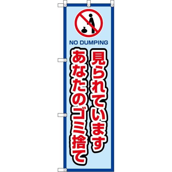 商品名：のぼり旗 見られていますあなたのゴミ捨て NO DUMPING （青枠・水色） OKE-0153［小型サイズ］サイズ：W450×H1500mm素材：ポリエステル生地 (ポンジ)仕立て：三方三巻、左チチ (上3個、横4個)