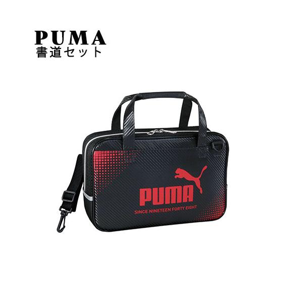PUMA書道セットバッグにはカーボン柄の合皮生地を使用。クッション材入り！バッグのマチ上側は通気性の良いクッションメッシュ生地。中のプラケースにもプーマのロゴ入りでかっこいい！【セット内容】・両面硯・書道墨・水差し・文鎮・太筆・細筆・筆巻・...
