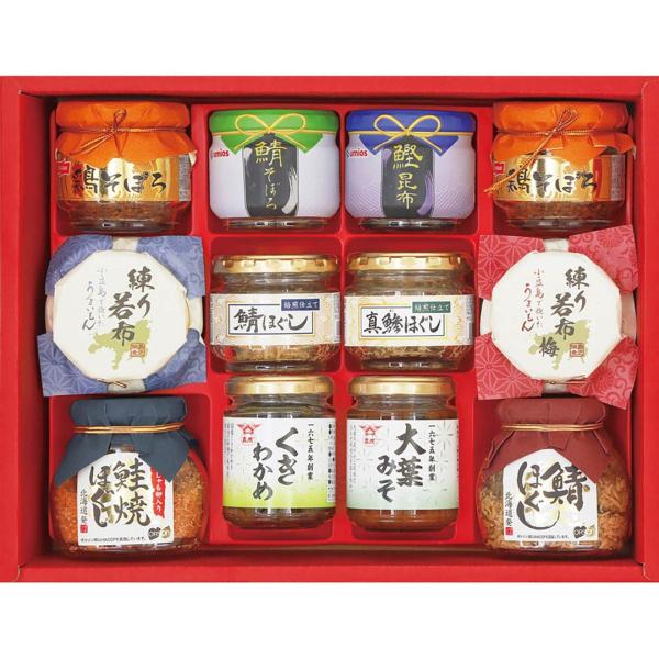 ●内容量：ウミオス（鯖そぼろ・鰹昆布）各45g、酒悦（大葉みそ115g・くきわかめ80g）、鯖ほぐし60g、真鯵ほぐし40g、鯖ほぐし40g、鮭焼ほぐしししゃも卵入り50g、練り若布梅80g、練り若布80g、ニッスイ鶏そぼろ50g×2 ●賞...