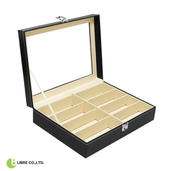 ●商品名：8本収納 眼鏡ケース・ボックス型●サイズ：約W34cm×D24.8cm×H8.4cm●重量：約1100g●材質：PU・ガラス●検索キーワード収納ボックス 収納ケース 眼鏡ボックスクリアケース めがねケース プレゼント ブロックタイ...