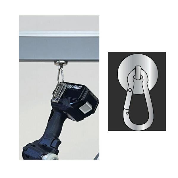 マグネットの力で最大耐荷重40kg！天井方向に強いカラビナタイプのマグネットフックです。【キッチン】調理器具の壁掛け収納、タオル掛けとして【ご家庭】キーケース、折りたたみ傘、印鑑ケース等、玄関の収納に【工場　作業現場】工具の収納、清掃用品の...