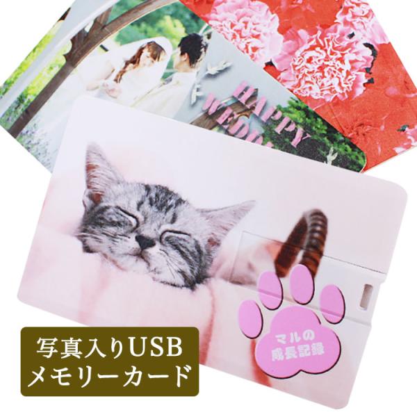 カード型のUSBメモリーカードに、写真や作成したデータなどを印刷可能！■商品詳細商品：写真入りUSBメモリーカード枚数：1枚本体サイズ：（約）横幅53mm×縦幅84mm×厚さ3mm素材／カードの重量：プラスチック／9g規格／データ容量：US...