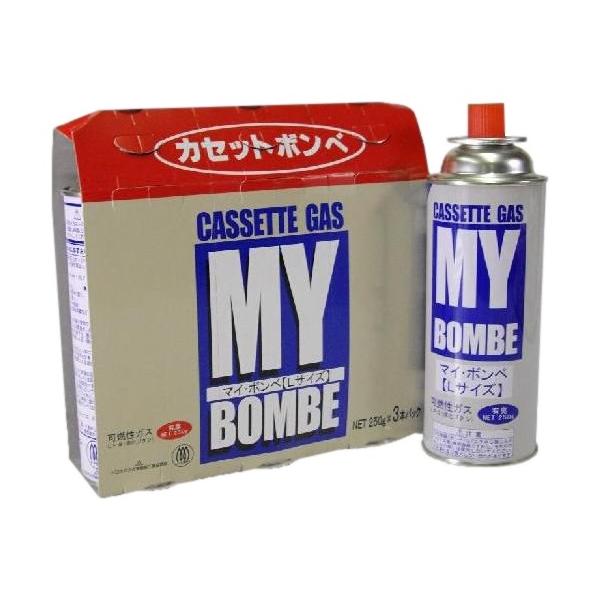【特長】■カセットコンロ用のガスボンベです。【商品詳細】■商品名：カセットガス　マイボンベ　MY BOMBE　Lサイズ■使用ガス：LPG(液化ブタンガス)■容量：250g■入数：3本■生産国：日本■発売元：株式会社ニチネン