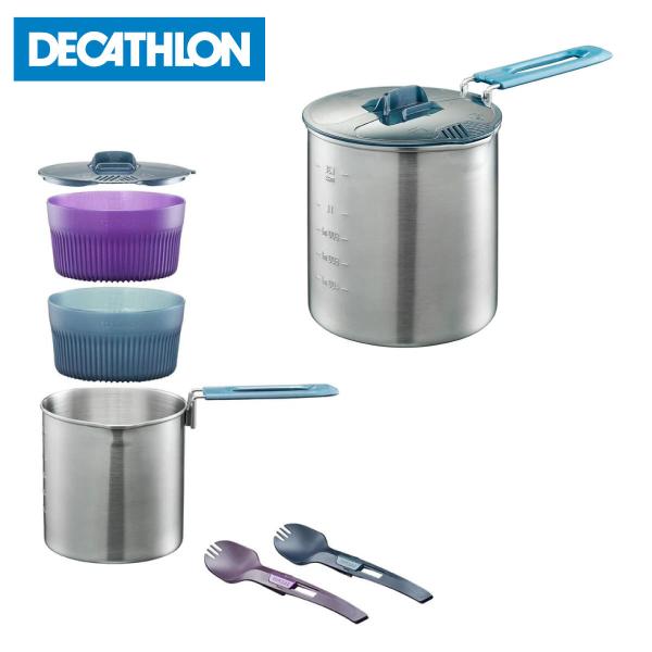 丈夫で軽いステンレス製の 2人用調理キット。2人分の折りたたみ式スプーンフォークとボウルに、水切り付のフタとクッカーのセット。バックパックに収納しやすい軽量、コンパクトデザイン。