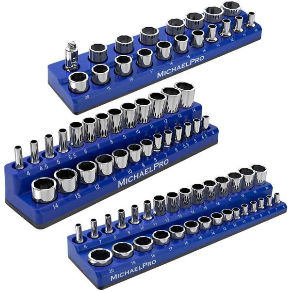 MichaelPro　マイケルプロ■マグネットソケットホルダー青 メトリック 3個入り ソケットトレイ 1/4インチ 3/8インチ 1/2インチ マグネット式ソケットオーガナイザートレイ品番：MP014002