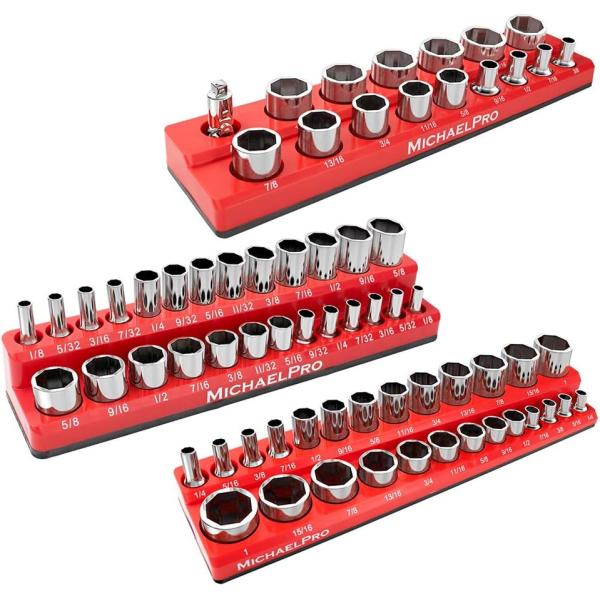 MichaelPro　マイケルプロ■マグネットソケットホルダー赤 SAE 3個セット マグネット式ソケットホルダー ソケットオーガナイザー ソケットストレージ ソケットレール ソケットオーガナイザー 1/4インチ 3/8インチ 1/2インチ...