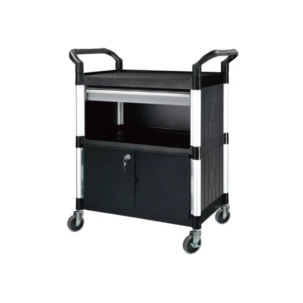 サイズ：L850×W480×H1000mm トレイサイズ：L680×W450mmサイド立上り(全面)7mm(他3面)25mm重量：24kg カラー：ブラック 耐荷重：250kg(すべてのトレイの合計) キャスターサイズ：約100mm(2個ロ...