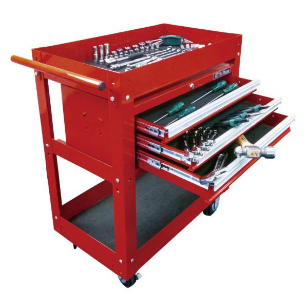 本体サイズ：幅716×奥行410×高さ880mm質量：33kgカラー：赤引き出し：幅569×奥行275×高さ50mm ×2幅569×奥行275×高さ75mm ×1耐荷重：引き出し15kg上下トレイ20kg付属品自在キャスター（ストッパー付）...