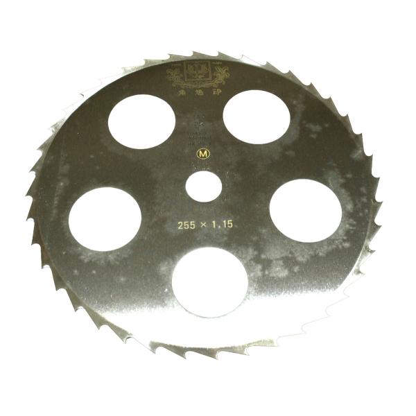 津村鋼業の笹刈刃です、ご自分で刃を砥げるかたへオススメ数量限定　5枚セット特別価格アウトレット特価品、長期在庫品のためパッケージ汚れ等ございます。直径：255mm厚さ：1.15mm刃数：40穴付