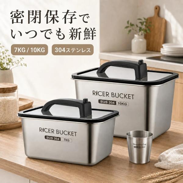 主な仕様:・商品タイプ：米びつ、密閉米櫃、ライスストッカー、乾燥食材保存容器・材質：304ステンレス鋼・構造：負圧シール、密閉式・主な機能：密閉、防湿、防虫に配慮した保存構造・保存できる食材：お米、シリアル、ドライフルーツ、砂糖など・用途：...