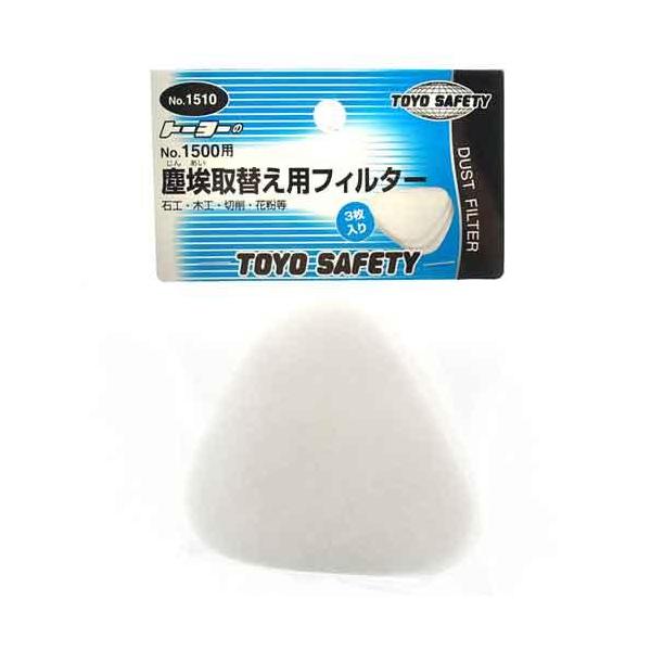 No.1500専用の取替えフィルターです。ほこりやゴミが出る場所での使用に適しています。仕様・3枚入・対応マスク：No.1500・材質：ポリプロピレン不織布※こちらの商品は在庫品の為、パッケージにシール跡がありますのでご了承下さい。