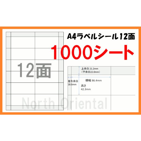 宛名ラベルA4用紙12面×1000シートセットです。（12000枚分）定形外用封筒（角３・角５封筒等）の宛名に最適です。大量の郵便物を出すときに大変便利です。【特徴】・市販のラベル印刷ソフトでそのまま使用できます。・インクジェットプリンタで...