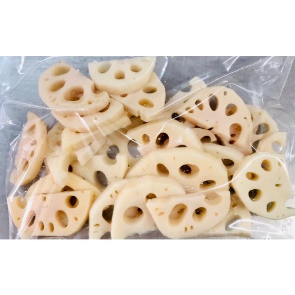 徳島県産のレンコンを皮をむき、食べやすい形にスライスカット(ハーフカット）、素早く冷凍加工しました。無漂白品です。安心できる徳島産冷凍レンコンを、ご試食ください。国産冷凍野菜煮物、炒め物、揚げ物などにも。