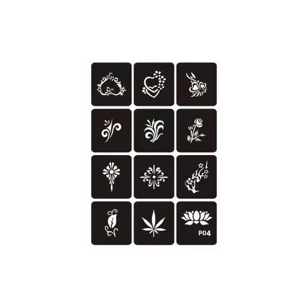 ステンシルシールです。ヘナコーンやジャグアタトゥーインクと一緒のご利用がおすすめです。■商品使用目的アート作品 フェイクタトゥー ファッション コスメ コスプレ小物■商品仕様品番：P04台紙サイズ：約21cm x29cm（A4）材質：ポリエ...