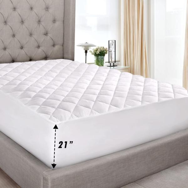 商品名: Mattress cover, White Cotton-Poly Hypoallergenic Comfortable Soft - Quilted Fitted Mattress pad Queen Size 150cm x ...