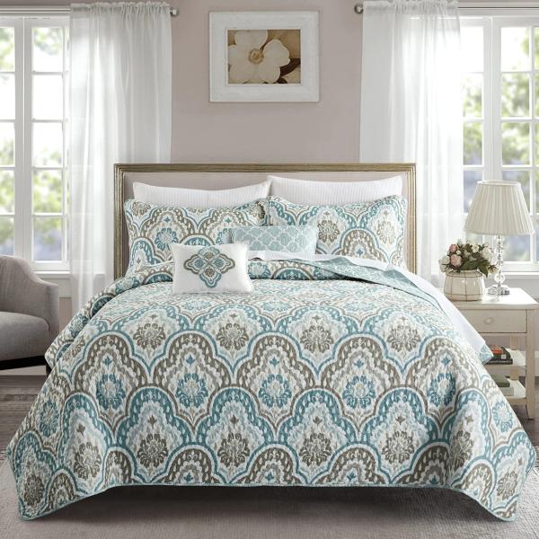 商品名: Serenta Tivoli Ikat Design 5点 ティールアクアプリント プレウォッシュ加工 キルト ベッドカバー 夏用キルトブランケット コットンポリエステル充填刺繍枕セット クイーン クイーン BNFPMQ5QTI ...