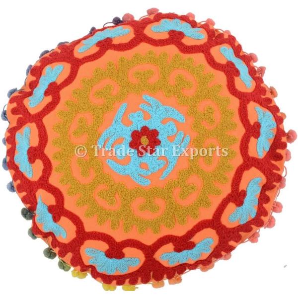 商品名: Trade Star 美しいハンドメイド ラウンド スザニ 枕カバー 刺繍 黒と白 モダン ソファ クッション カバー 装飾床枕カバー ポンポン付き ホームデコレーション Trade Star 100% Cotton Round ...