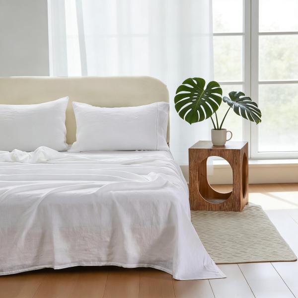 商品名: (Queen, White) - Simple &amp; Opulence 100% Stone Washed Linen 4pcs Hollowed-Out Design Solid Sheet Set (Queen, Whi...