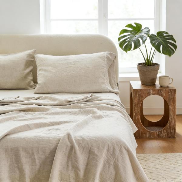 商品名: シンプル&amp;豊かさ100 % Stone Washed Linen 4pcs hollowed-outデザインソリッドシートセット クイーン ベージュ Simple&amp;Opulence 100% Linen Hollo...