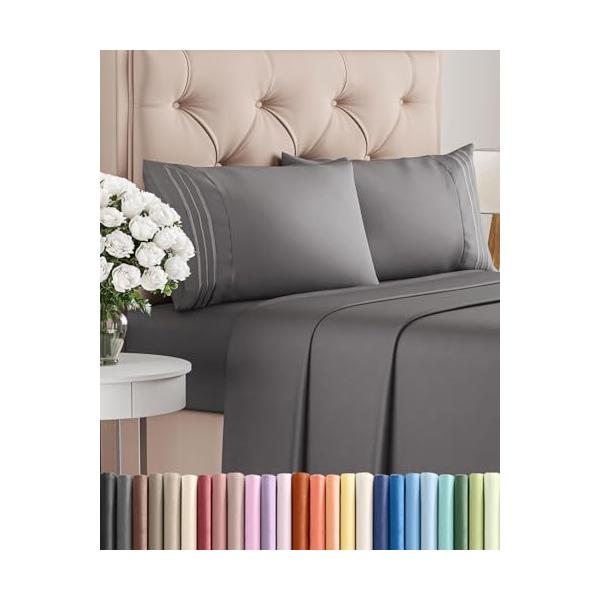 商品名: クイーンサイズシーツセット - 4点セット - ホテルラグジュアリーベッドシーツ - エクストラソフト - 深いポケット - 簡単フィット - 通気性&amp;涼やかシーツ - しわ防止 - 快適 - ダークグレーベッドシーツ -...