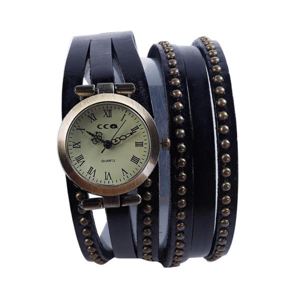 商品名: MINILUJIA 2 AroundラップレザーWomen Watches Withヴィンテージブロンズリベットレザーストラップブラック、Traval Word Map Watch MINILUJIA Genuine Leathe...