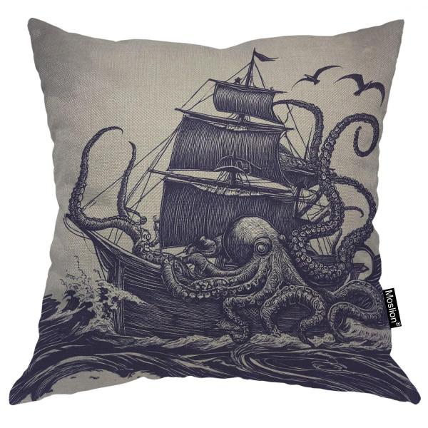 商品名: (Color 09) - Moslion Kraken Pillow Cover Sail Boat Waves and Octopus Old Look Home Textile European Style Throw Pil...