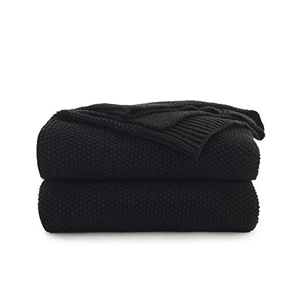 商品名: ブラックコットンケーブルニットスローブランケット、カウチ、ソファ、椅子、ベッド、ホームデコレーション用、2.5ポンド50×60インチの軽量織スローブランケット、ボーナスランドリーバッグ付き、洗濯機洗い可。 Longhui bedd...