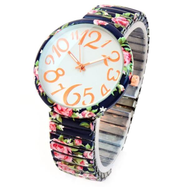 商品名: Navy Blue Roses Floral Print Large Face Easy to Readストレッチバンド拡張子Women 's Watch Navy Blue Roses Floral Print Large Fa...