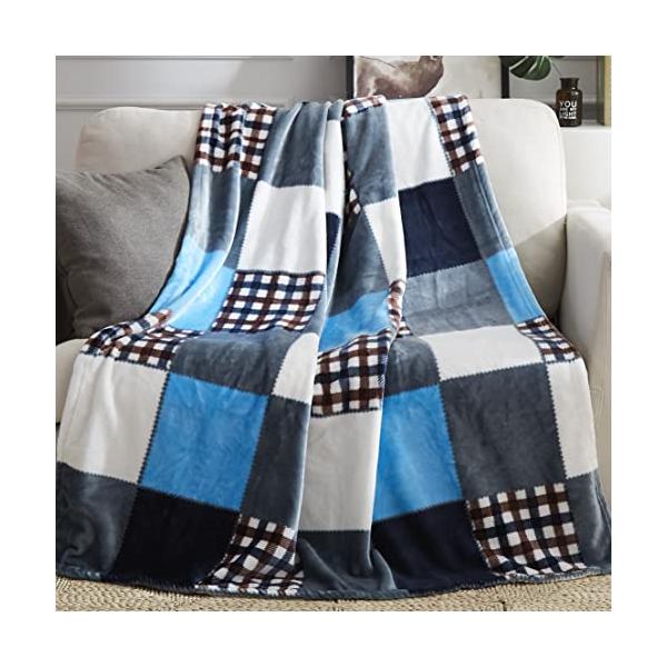 商品名: Tache Blue Lake Farmhouse スーパーソフトマイクロフリース格子柄パッチワークプラシ天軽量両面装飾カウチ ソファ 旅行 ラップベッドスローブランケット 50x60 Tache Blue Lake Farmho...