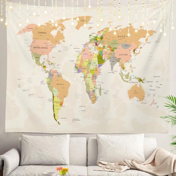 商品名: Shrahala World Map Tapestry Wall Hanging for Kids Student, Vintage Colorful Asia Usa Global White Beige Educational...