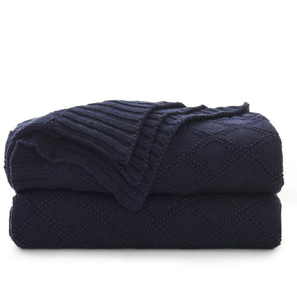 商品名:  Navy Blue Cotton Knit Throw Blanket for Couch Sofa Bed - Home Decorative Soft Cozy Sweater Woven Fall Cable Oversi...
