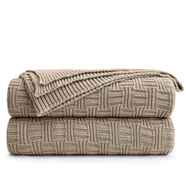 商品名:  Khaki Cotton Knit Throw Blanket for Couch Sofa Bed - Home Decorative Soft Cozy Sweater Woven Fall Cable Knitted Bl...