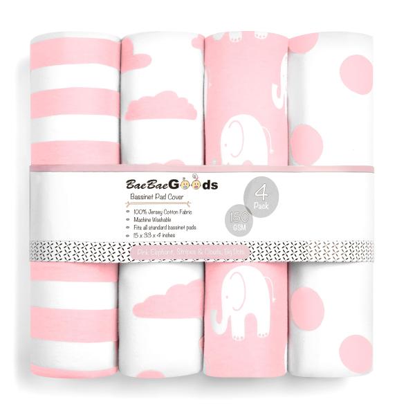 商品名: BaeBae Goods バスケット シーツセット | ピンクエレファント | スーパーソフト ジャージーニット コットン | 3パック | 150 GSM Bassinet Bed Sheets ? Premium Bassin...