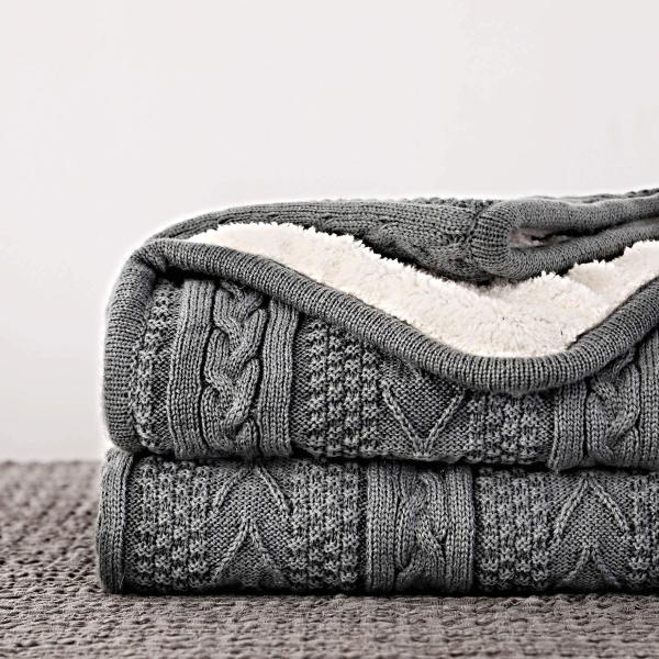 商品名:  Longhui bedding Acrylic Cable Knit Sherpa Throw Blanket - Thick, Soft, Big, Cozy Grey Knitted Fleece Blankets for ...