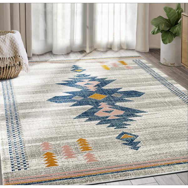 商品名:  Abani Porto Collection 3' x 5' Southwestern Area Rug, Rectangular Turkish Beige &amp; Blue Tribal Print Accent Rug...