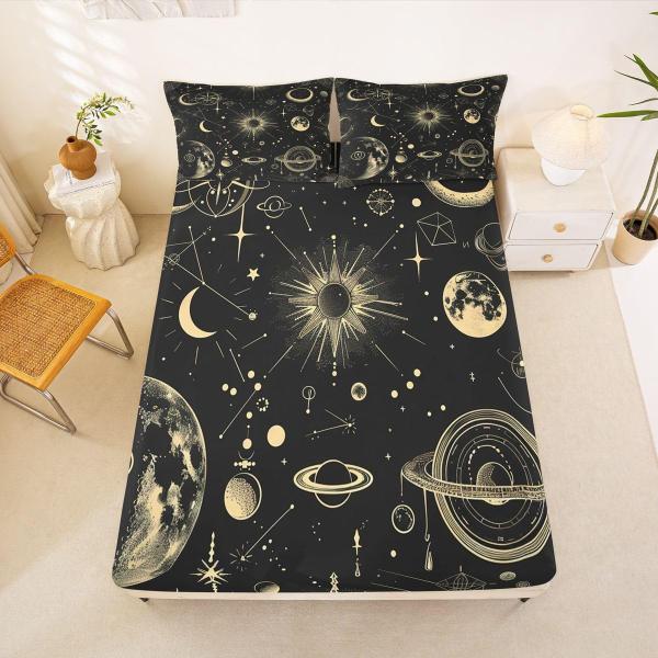 商品名: Erosebridal Galaxy ボックスシーツ 太陽 月 シーツセット 星空 トップ シーツ 宗教 シンボル グランジスタイル 寝具セット 通気性装飾 ボックスシーツ1枚 枕カバー2枚付き クイーンサイズ Erosebrid...