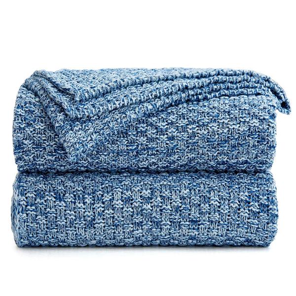 商品名: Longhui Bedding ブルーニットスローブランケット ソファ用 ソフト 快適 洗濯機洗い可能 コットン100% ソファニットブランケット 60 x 80インチ 特大 ブルーとホワイト ランドリーバッグ付き Longhui...