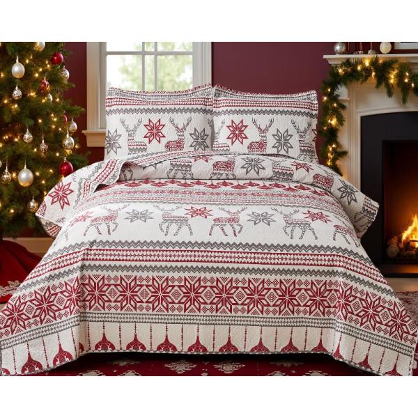 商品名:  Jarson Christmas Quilt Set Queen Size 3-Piece Xmas Bedspread Coverlet with Reindeer Pattern for New Year Bed Decor...