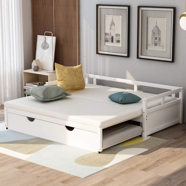 商品名:  Flieks Daybed with Trundle Twin to King Design Sofa, 78.2" L x 79" W Extendable for Bedroom Living Room (White)ブラン...