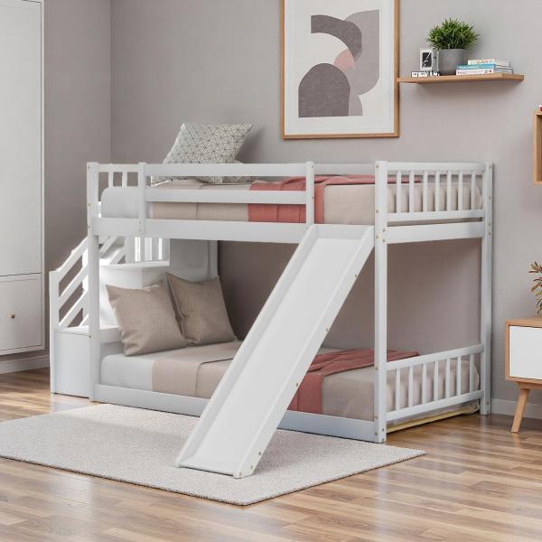 商品名:  SOFTSEA Twin Over Twin Bunk Bed with Slide and Stairs, Solid Wood Floor Bunk Bed Frame with Storage for Kids, Low ...