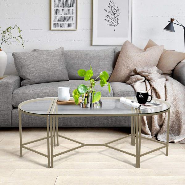 商品名: Glass Coffee Table Set of 3, Modern 3-Piece Living Room Center Table with Clear Glass Top &amp; Metal Frames, Recta...