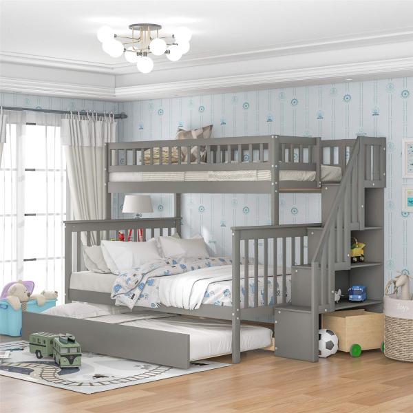 商品名:  Bellemave Twin Over Full Bunk Bed with Trundle, Wooden Twin Over Full Bunk Bed Frame with Storage and Stairs, Can ...