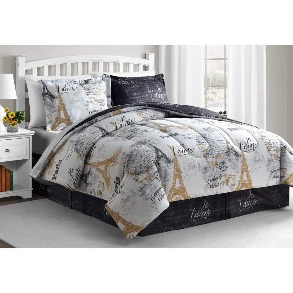 商品名: Fairfield Square Collection パリゴールド 8点 フルサイズ リバーシブル掛け布団セット ブラック&amp;ホワイト リバーシブル 8点 ベッド・イン・ア・バッグ エッフェル塔 ゴールドデザイン Fair...