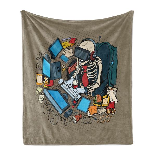 商品名:  Ambesonne Gamer Throw Blanket, Skeleton Programmer and Hacker in Virtual Reality Eating Fast Food Theme Illustrati...