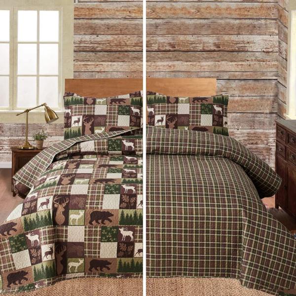 商品名:  Moose Lodge Lightweight Bedspread Coverlet - All Season Twin Bedding Cover with Shams,Plaid Bear Deer Printed Quil...