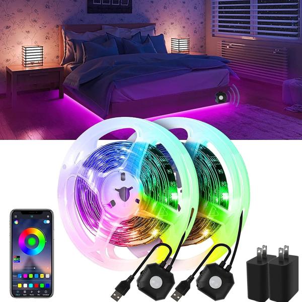 商品名:  Auplf Motion Activated Under Bed Lights, 2x9.84ft 5050 RGB Color Changing LED Strip Lights with Sensor, APP Contro...